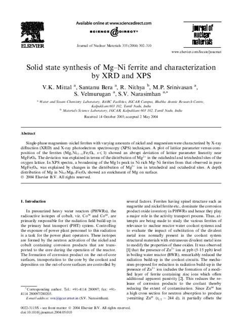 Pdf Solid State Synthesis Of Mgni Ferrite And Characterization By Xrd And Xps