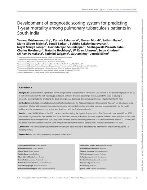 Pdf Development Of Prognostic Scoring System For Predicting 1 Year Mortality Among Pulmonary