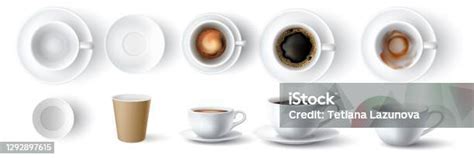 커피 컵 현실적인 3d 빈 더러운 세라믹 및 종이 컵 폼과 에스프레소 상단과 사이드 뷰가 있는 아메리카노 커피 모형 벡터 세트 일회용 컵에 대한 스톡 벡터 아트 및 기타