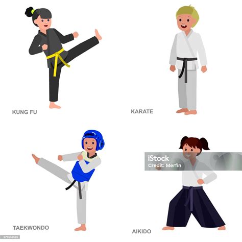 Vetores De Crianças Dos Desenhos Animados Usando Quimono Arte Marcial E