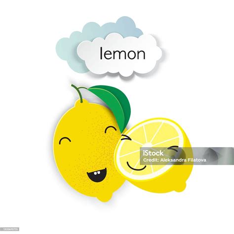 귀여운 레몬 두 개와 종이 를 자른 구름 포스터 엽서 포장을 위한 템플릿 건강한 식생활에 대한 스톡 벡터 아트 및 기타 이미지 건강한 식생활 공예 공장 산업 건물
