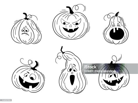 한 줄 손으로 그린 할로윈 이모티콘 호박 세트 잭 오 랜턴 다양한 모양의 할로윈 흰색에 고립 된 재미있는 얼굴 귀여운 호박의 벡터 컬렉션 로고 포스터 엠블럼을위한 낙서 10