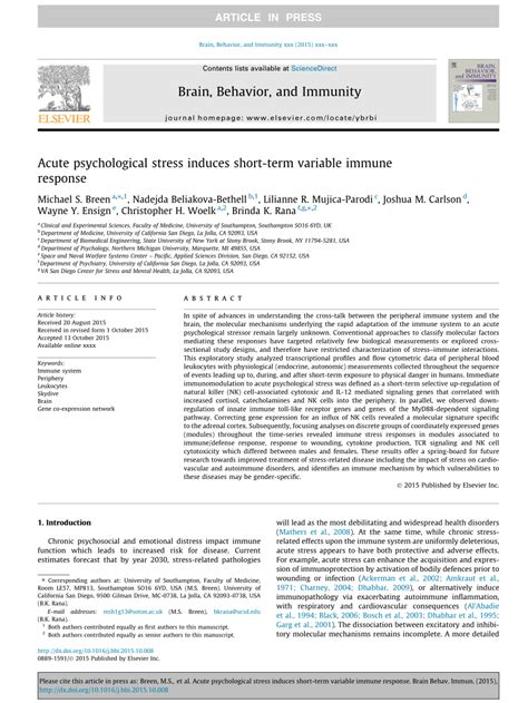 Pdf Acute Psychological Stress Induces Short Term Variable Immune Response