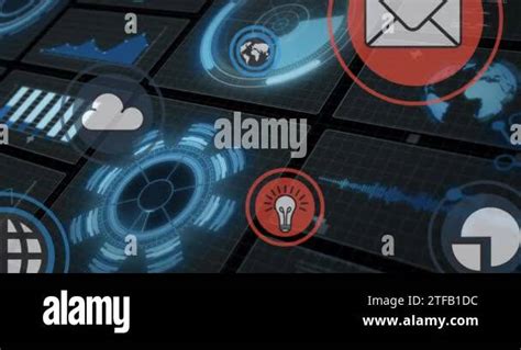 Multiple Digital Icons Against Screens With Data Processing On Black Background Computer
