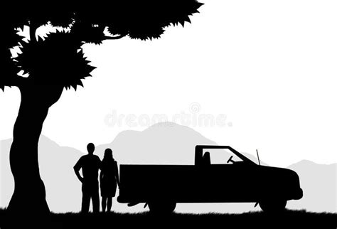 A Man And Woman Watching The Scenery In The Countryside Near Their Pick Up Truck Stock