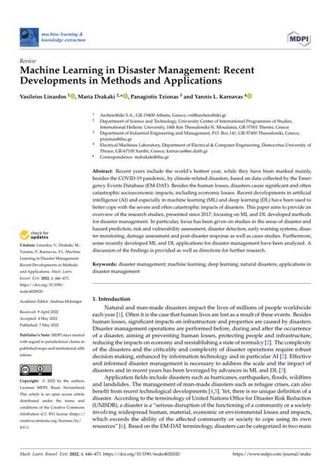 Pdf Machine Learning In Disaster Management Recent Developments In Methods And Applications