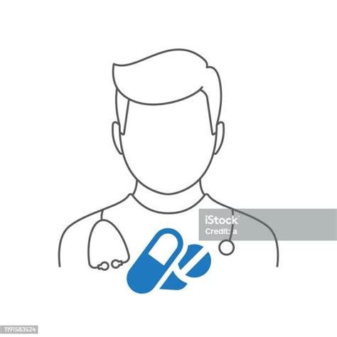 의료 아이콘 벡터 남성 의사 와 알 약 및 태블릿 의약품 용 의료 치료 및 상담 의사 아바타 와 청진기 기호 그림 건강관리와 의술에 대한 스톡 벡터 아트 및 기타 이미지