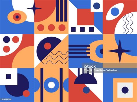 기하학적 인 다채로운 생생한 눈 패턴이있는 바우 하우스 포스터 템플릿 1920 1929 년에 대한 스톡 벡터 아트 및 기타 이미지 1920 1929 년 개념 고풍스런