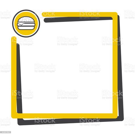 치즈 버거의 단추와 텍스트 상자입니다 패스트 푸드 아이콘입니다 노란색과 짙은 회색 프레임 텍스트입니다 벡터 일러스트 레이 션 개념에 대한 스톡 벡터 아트 및 기타 이미지