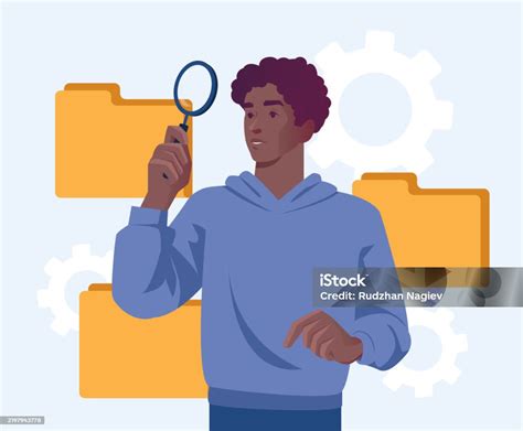 남자 검색 파일 폴더 근처에 돋보기를 들고 있는 젊은 남자 사람은 서버 스토리지 및 아카이브로 작업합니다 스토리지 관리 문서 검색 평면 벡터 일러스트 레이 션 개선에 대한