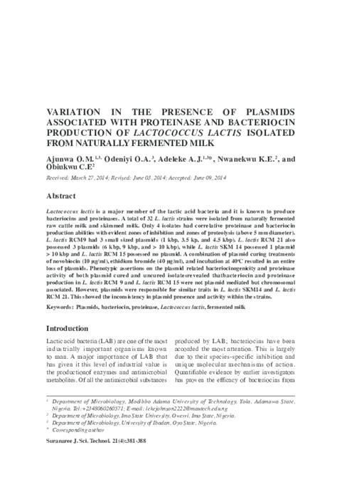 Pdf Variation In The Presence Of Plasmids Associated With Proteinase