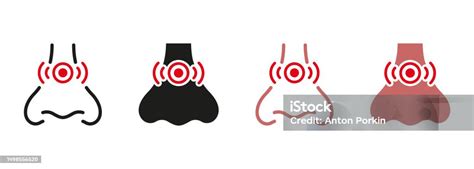 인간의 코 문제 콧물 혼잡 픽토그램 세트 알레르기 감기 비염 라인 및 실루엣 아이콘 염증 비강 통증 기호 수집 격리된 벡터 그림 감기와 독감에 대한 스톡 벡터 아트 및 기타