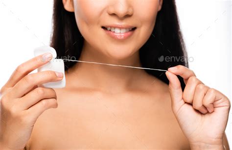 Partial View Of Smiling Naked Woman With Dental Floss Isolated On White Stock Photo By