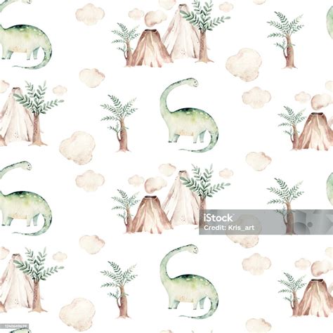 귀여운 만화 아기 공룡 원활한 패턴 수채화 종이 손으로 그린 디노 배경 질감 쥬라기 공원 렉스 어린이 재미있는 예술 0명에 대한 스톡 벡터 아트 및 기타 이미지 Istock