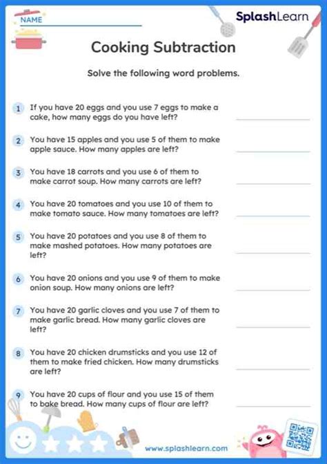 Subtract Within 20 Cooking Word Problems — Printable Math Worksheet