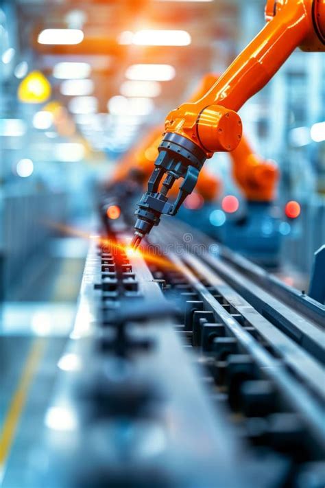 Industrial Automation Close Up Of Orange Robotic Arms Assembling Parts