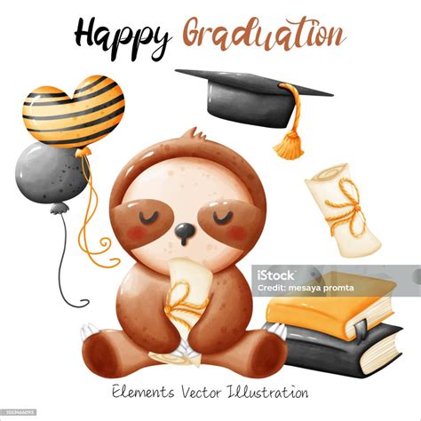귀여운 나무 늘보 졸업 책 모자 풍선 심장 노란 까만 수채화 벡터 파일 배너 포스터 카드 티셔츠 스티커를 위한 클립아트 만화 작풍 2024년에 대한 스톡 벡터 아트 및 기타