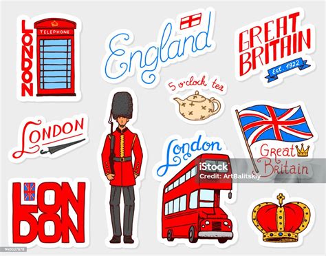 영국 빈티지 스티커 크라운 및 여왕 로얄 가드 런던 버스와 차 주전자 기장의 우표 엠 블 럼 영국 국가 영국 레이블 8090 년대 코믹 스타일입니다 새겨진된 손으로 그린된