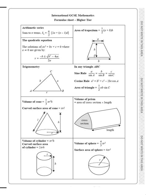 Edexcel Igcse Maths Formula Sheet Pdf Area Euclidean Geometry