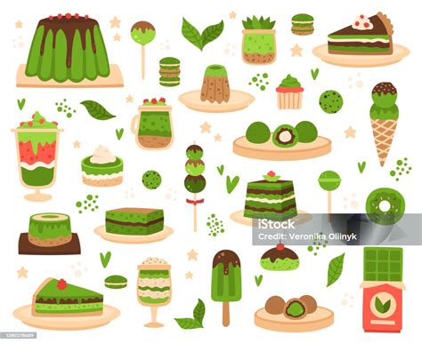 말차 디저트 일본 말차 분말 제품 떡 아이스크림 케이크 마카롱과 푸딩 말차 과자 및 페이스트리 벡터 일러스트 레이션 세트 0명에