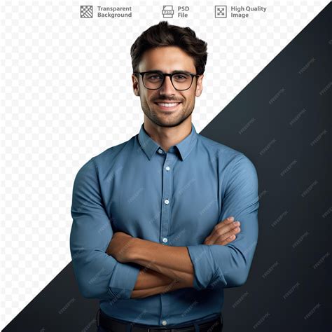 Мужчина в очках и синей рубашке со скрещенными руками Премиум Psd Файл