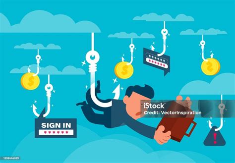 클라우드의 훅에 잡힌 사업가 피싱 및 인터넷 바이러스의 개념 온라인 쇼핑 위험 금융 사기 불법 투자 사기 훅 탐욕스러운 사람들 만화에 대한 스톡 벡터 아트 및 기타 이미지