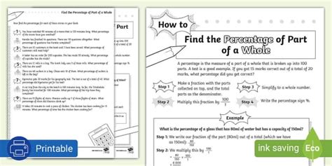 How To Find The Percentage Of Part Of A Whole Activity Sheet
