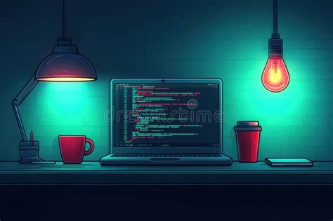 Minimalist Workspace With A Laptop Coding Screen And Modern Decoration Stock Image Image Of