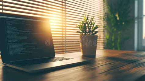 Home Office Laptop Code Wooden Desk Sunlight Plants Stock Illustration Illustration Of Work