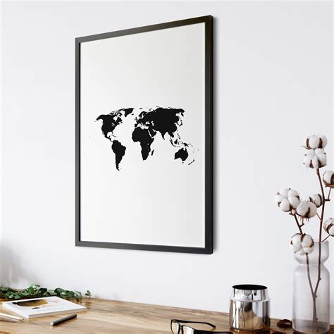 World Map Black And White World Map Wall Art Minimalist Map Of The
