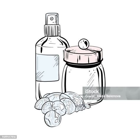 스프레이 디스펜서 유리 용기 거품 세트의 벡터 그림은 흰색 배경에 있다 용기와 비눗방울의 검은색 윤곽선 그래픽 그림 엽서 디자인 및 구성 장식 지문 포스터 스티커 기념품