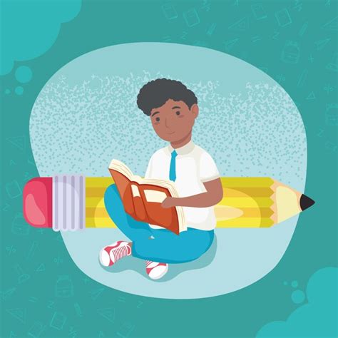 Мальчик читает книгу на синем фоне Премиум векторы