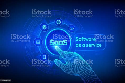 Saas 서비스로서의 소프트웨어 가상 화면에서 인터넷 및 기술 개념 개발 개념입니다 Saas 컴퓨팅 Iot 산업 디지털 인터페이스를 만지는 로봇 손 벡터 그림입니다 개발에