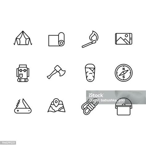 간단한 설정 관광 캠핑 하이킹 등산 및 트레킹 그림 라인 아이콘입니다 이러한 아이콘을 포함 관광 텐트 불 배낭 나침반 수 면 가방 지도 요리 등을 위한 장비 가방에 대한