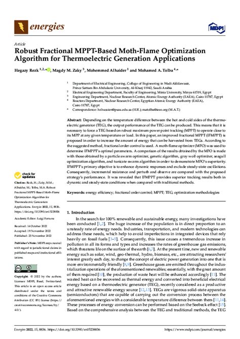 Pdf Robust Fractional Mppt Based Moth Flame Optimization Algorithm For Thermoelectric