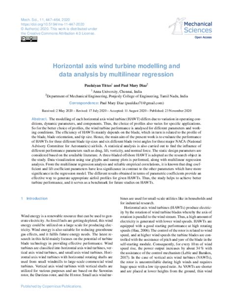 Pdf Horizontal Axis Wind Turbine Modelling And Data Analysis By Multilinear Regression