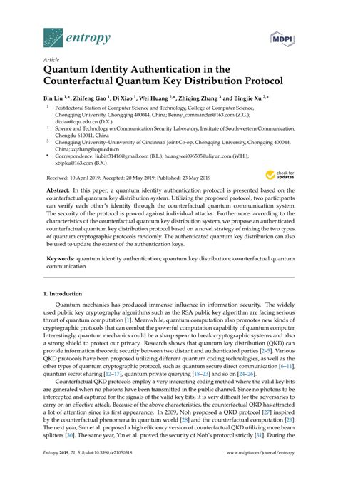PDF Quantum Identity Authentication In The Counterfactual Quantum Key Distribution Protocol