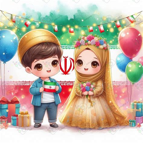 بک گراند کودکانه پسر و دختر ناز با حجاب ایرانی در جشن ملی با پرچم ایران کد 42577 ویژه عکس گراف