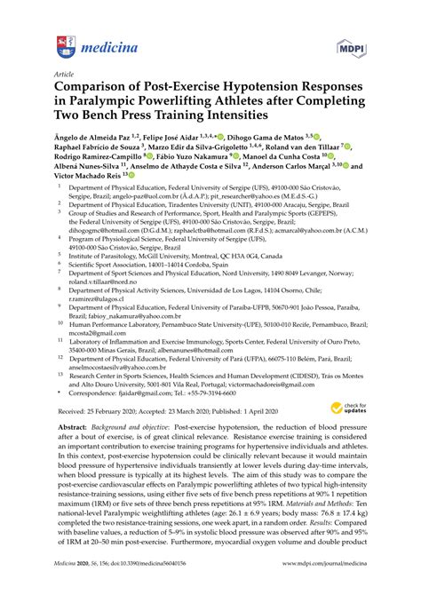 Pdf Comparison Of Post Exercise Hypotension Responses In Paralympic Powerlifting Athletes