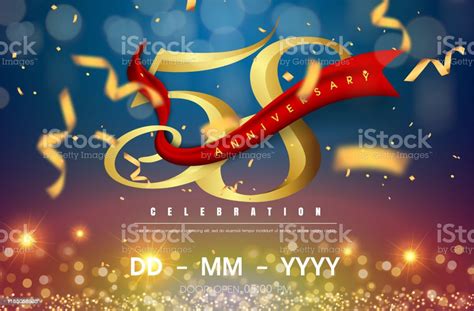 금과 파란색 배경에 58 주년 기념 디자인 템플릿 빨간 리본 벡터와 색종이 고립 된 디자인 요소와 황금 숫자를 축하 58 광고에 대한 스톡 벡터 아트 및 기타 이미지