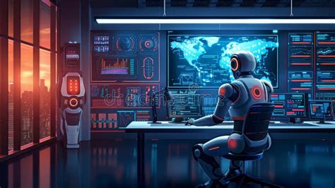 Ai Robot Analyzing Data On Multiple Screens In A Futuristic Control Room At Sunset Stock