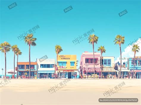 Ai创作图黄金海岸的好莱坞 圣塔莫尼卡海滩 海边艺术建筑 浪漫海岸建筑 圣莫尼卡海滩 夏日海滩海边风光 彩色洛杉矶 拉霍亚海滩 洛杉矶插画宣传背景 撞色场景 大海海岸建筑 洛杉矶插画洛杉矶印象
