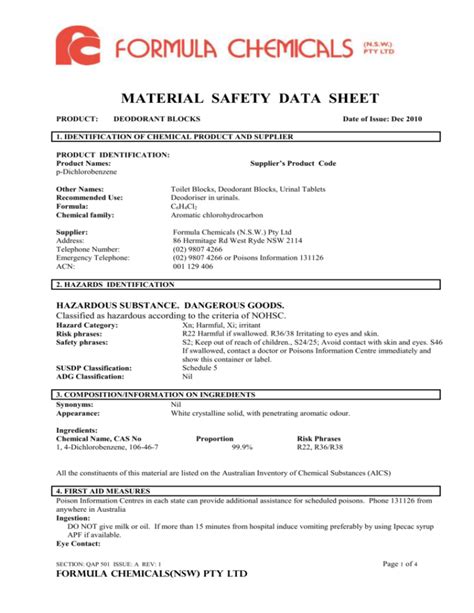 Deodorant Blocks Msds P Dichlorobenzene Safety Data