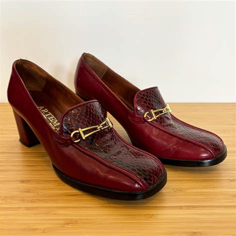 Vintage 1970s Burgundy Loafers Chunky Heel Snakeskin 70s Artemys