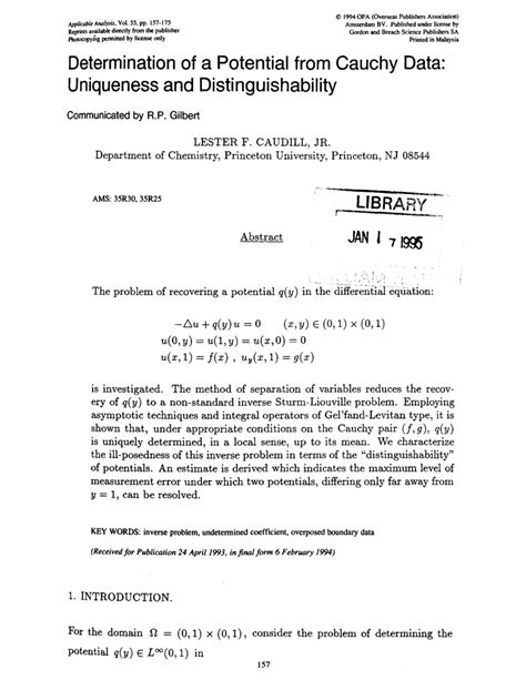 PDF Determination Of A Potential From Cauchy Data Uniqueness And Distinguishability