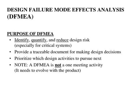 PPT DESIGN FAILURE MODE EFFECTS ANALYSIS DFMEA PURPOSE OF DFMEA