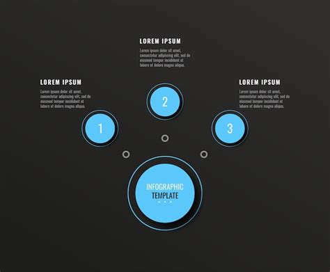 검정색 배경에 3개의 밝은 파란색 단계가 있는 수평 비즈니스 인포그래픽 다이어그램 템플릿 프리미엄 벡터
