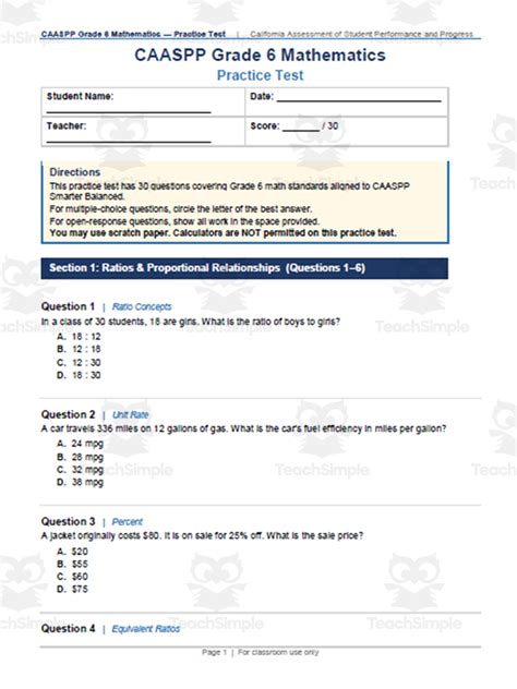 California Caaspp Math Practice Test For Grade 6 By Teach Simple