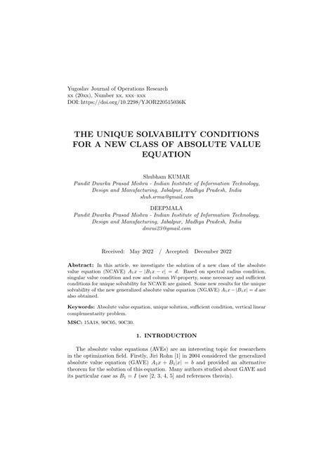 Pdf The Unique Solvability Conditions For A New Class Of Absolute Value Equation