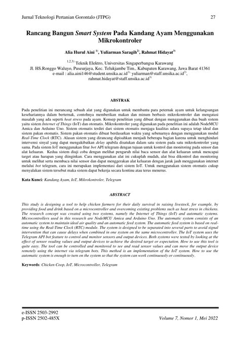 Pdf Rancang Bangun Smart System Pada Kandang Ayam Menggunakan Mikrokontroler